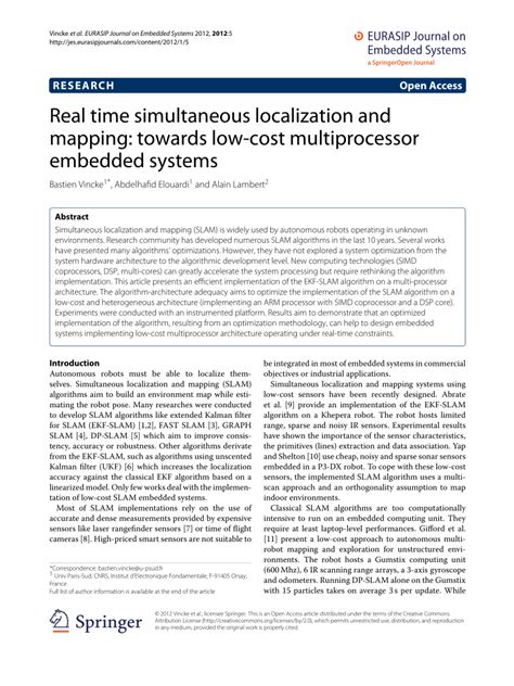 Pdf Real Time Simultaneous Localization And Mapping Towards Low Cost Multiprocessor Embedded
