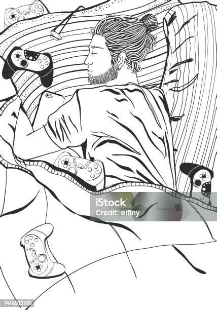 컴퓨터 게임 플레이어 잠자는 남자 게이머 성인과 어린이를위한 색칠 공부 책 페이지 게이머에 대한 스톡 벡터 아트 및 기타 이미지 게이머 라인아트 Brand Name