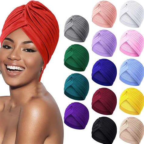 Chgbmok Stretch Turbans Head Beanie Cover Twisted Pleated Headwrap