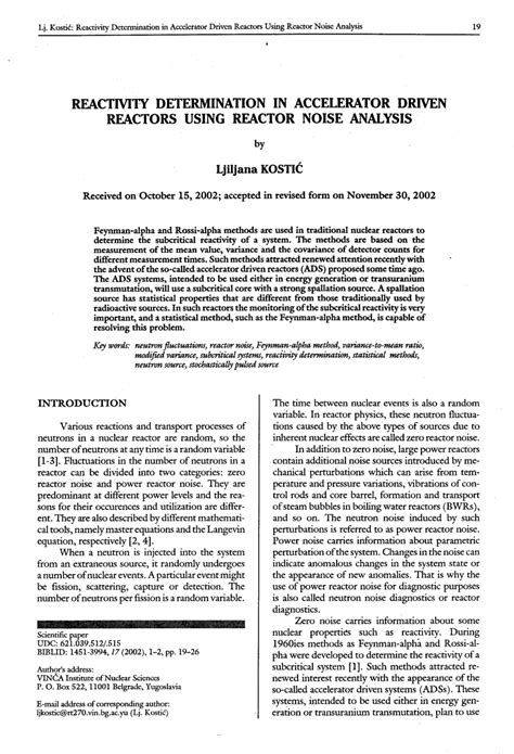 Pdf Reactivity Determination In Accelerator Driven Reactors Using