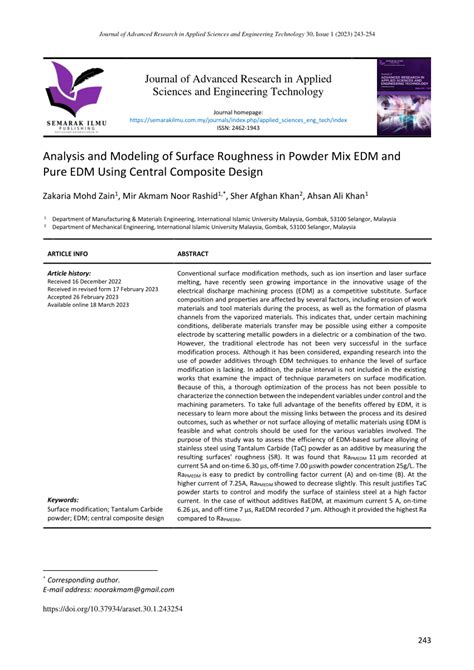 Pdf Analysis And Modeling Of Surface Roughness In Powder Mix Edm And