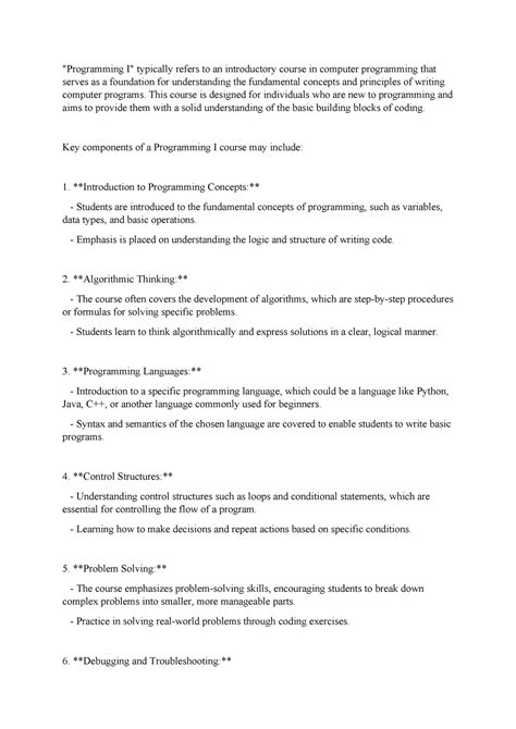 Overview Programming I Programming I Typically Refers To An