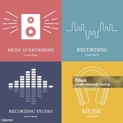 음악 로고 템플릿 집합입니다 스튜디오 라벨 녹화 샘플 텍스트가 있는 라디오 배지입니다 디자인 웹에 대 한 깨끗 하 고 현대적인 벡터 일러스트 산업에 대한 스톡 벡터 아트 및