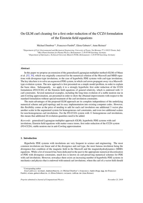 Pdf On Glm Curl Cleaning For A First Order Reduction Of The Ccz4