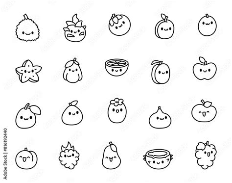 Cute Cartoon Fruits Coloring Page Kawaii Character Hand Drawn Style