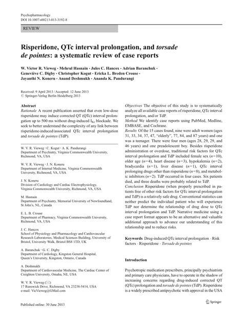 Pdf Risperidone Qtc Interval Prolongation And Torsade De Pointes A Systematic Review Of
