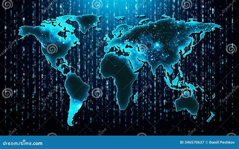 Digital Glowing World Map With Binary Code Background In Blue Hues 3d