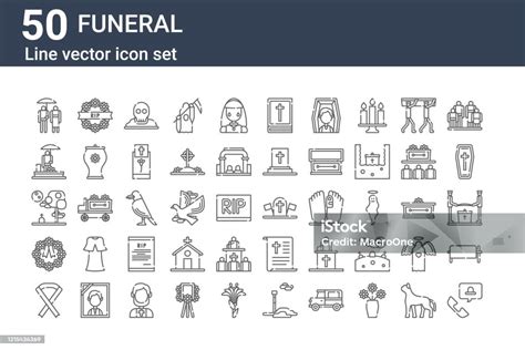 50 개의 장례 아이콘 세트 고객 서비스 검은 리본 화환 묘지 장례식 화환 군사 와 같은 얇은 라인 아이콘개요 사망 증명서에