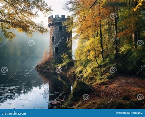 Old Decrepit Outpost Tower In The Middle Of The Forest By The Lakeside Stock Illustration