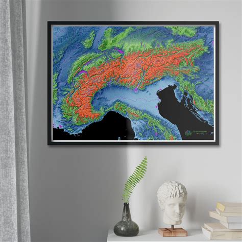 The Alps Elevation Map Black Fine Art Print Grasshopper Geography