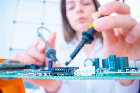 Girl With Measuring Devices In The Electronics Laboratory Stock Image Image Of Equipment