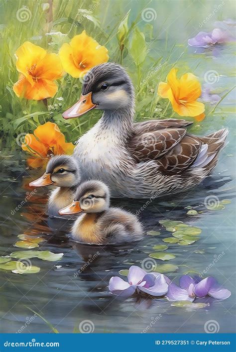 Duck And Ducklings Hand Drawing Sketch Engraving Illustration Style