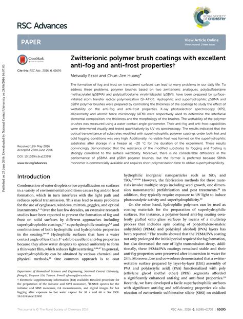 Pdf Zwitterionic Polymer Brush Coatings With Excellent Anti Fog And