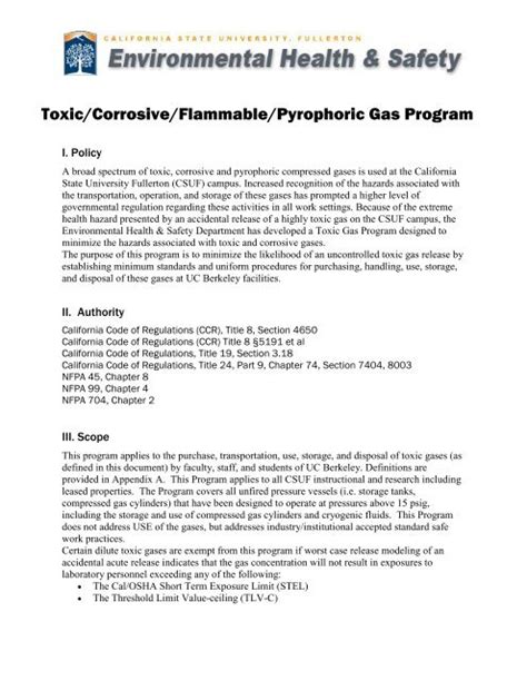 Toxic Corrosive Flammable Pyrophoric Gas Program Risk