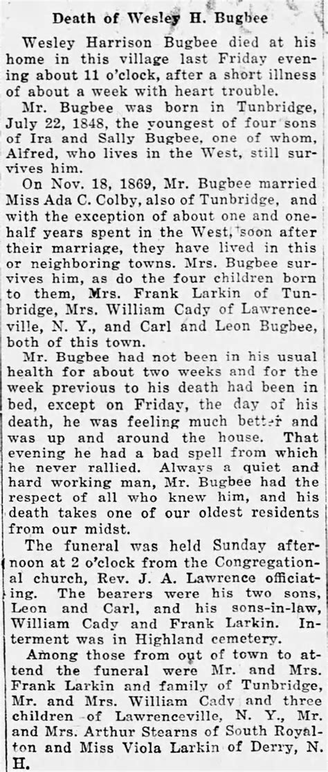 Obituary For Wesley Harrison Bugbee ™