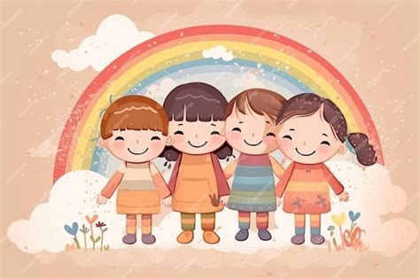 네 아이 친구 일러스트 배경으로 행복한 우정의 날 인사말 카드 프리미엄 사진