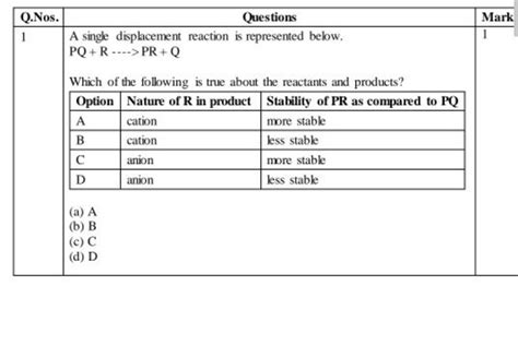 Qnos 1 Questions A Single Displacement Reaction Is Represented Below P