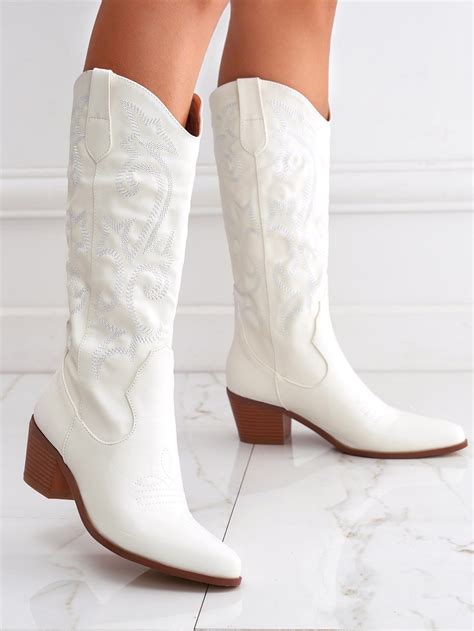 Chunky Heeled White Western Boots