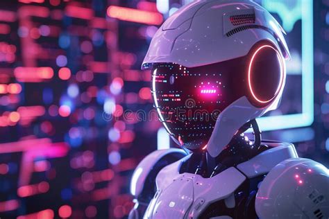 Close Up Of Robot Face Under Colorful Lighting A Glowing Digital Interface Stock Illustration