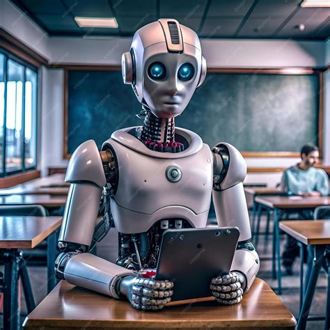 A Humanoid Robot Teacher In A Classroom Setting Holding A Tablet