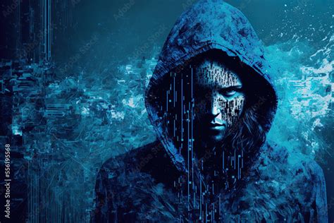 Data Technology Blue Background With Hacker Remixed Media Generative AI Stock Illustration