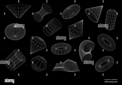 3d Wireframe Shapes And Wire Mesh Grid Forms Brutal And Retro Perspective Tech Abstract Vector