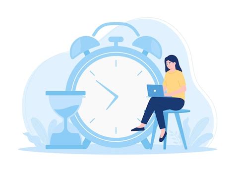 Premium Vector Time Management Woman Sitting With Laptop Alarm Clock And Hourglass Concept