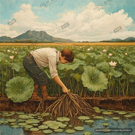 ai创作图采菱手绘无框画背景 采摘莲藕插画 藕种劳动 采菱雕刻 采荷的女孩 采荷花的农家女孩 人物劳作场景画 采莲的姑娘 写实油画荷花 手绘采