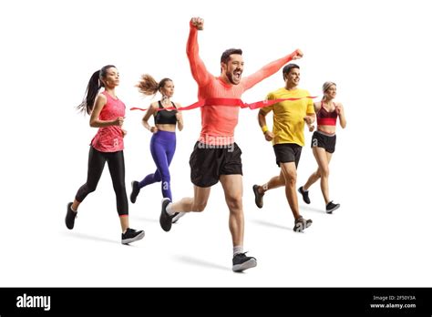 Group Of People Running A Race To The Finish Line Isolated On White