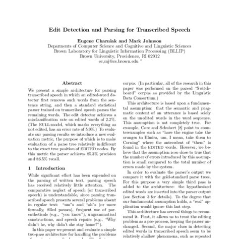 Edit Detection And Parsing For Transcribed Speech Acl Anthology