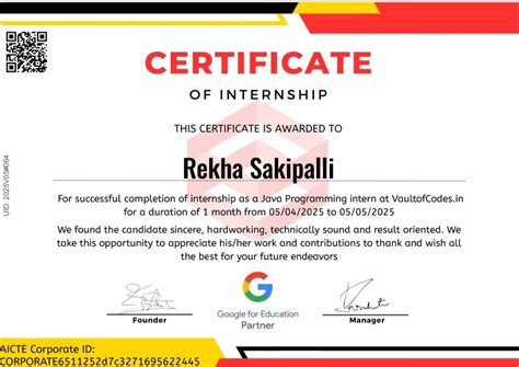 Thrilled To Complete My Java Programming Internship At Vault Of Codes Rekha Sakipalli