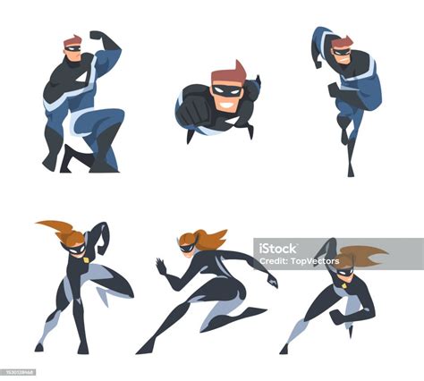 남자와 여자 슈퍼 히어로 캐릭터는 액션 벡터 세트에서 검은 색과 파란색 의상과 마스크를 입었다 슈퍼히어로에 대한 스톡 벡터 아트 및 기타 이미지 Istock