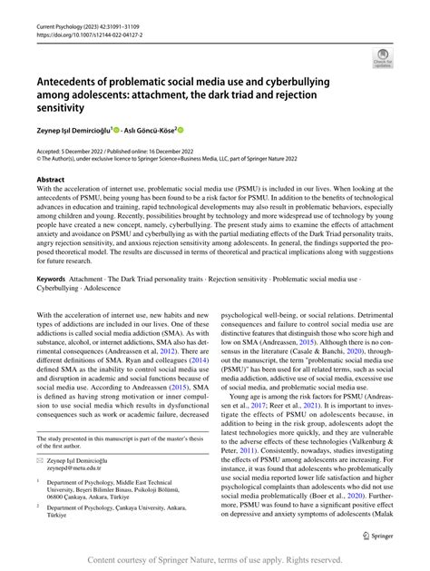 Antecedents Of Problematic Social Media Use And Cyberbullying Among Adolescents Attachment The