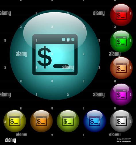 Os Command Terminal Icons In Color Illuminated Spherical Glass Buttons On Black Background Can