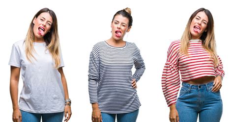 재미 있는 표정으로 행복 한 혀를 내밀고 고립 된 배경 위에 젊은 아름 다운 여자의 콜라주 감정 개념입니다 감정에 대한 스톡 사진 및 기타 이미지 Istock