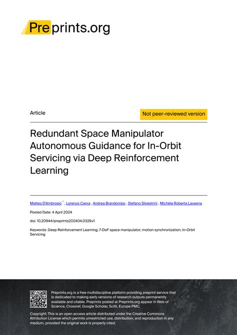 Pdf Redundant Space Manipulator Autonomous Guidance For In Orbit Servicing Via Deep