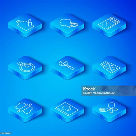 반죽 주걱 요리책 강판 전자레인지 스톱워치 도마 칼 교차 포크 숟가락 아이콘에 라인 롤링 핀을 설정합니다 벡터 3차원 형태에