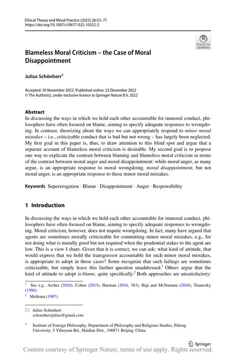Blameless Moral Criticism The Case Of Moral Disappointment Request Pdf