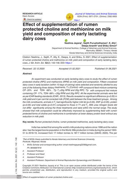 Pdf Effect Of Supplementation Of Rumen Protected Choline And