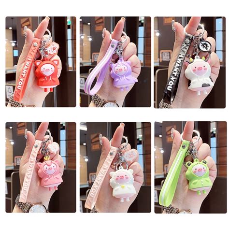5 Pcs Mx 80002 비옷 돼지 키 체인 귀여운 소프트 고무 인형 자동차 열쇠 고리 빨간색