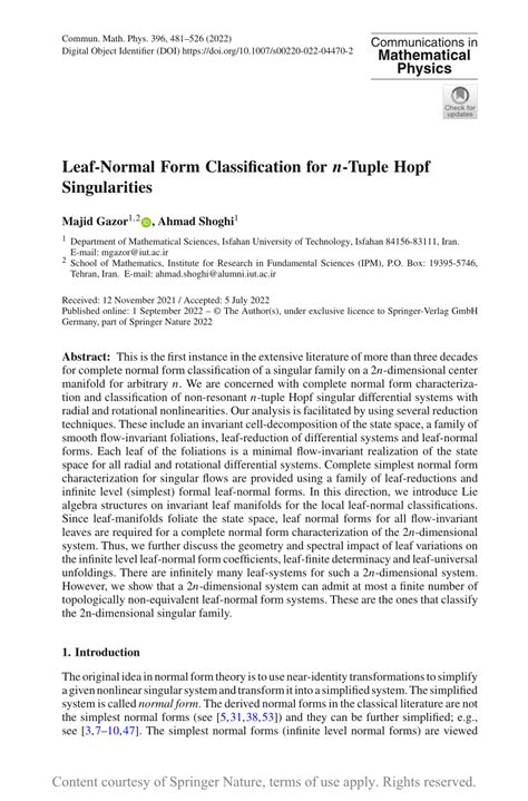Leaf Normal Form Classification For N Tuple Hopf Singularities Request Pdf