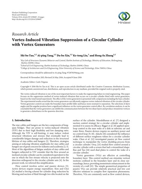 Pdf Vortex Induced Vibration Suppression Of A Circular Cylinder With Vortex Generators