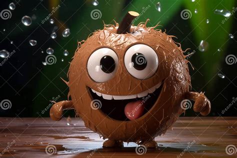 A Cheerful Animated Coconut Is Walking With A Smile On His Face Stock