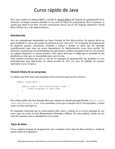 Documento Curso Rapido De Java Este Curso Explica De Manera Rápida Y