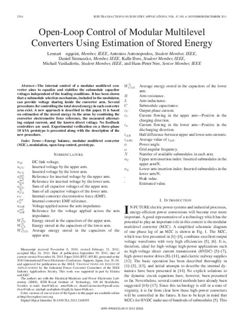 Pdf Open Loop Control Of Modular Multilevel Converters Using Estimation Of Stored Energy
