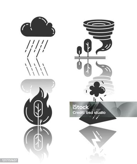 자연 재해 드롭 그림자 검은 색 문고 아이콘 세트 지구 기후 변화 산불 폭우 화산 폭발 토네이도 환경 적 위험 격리된 벡터 일러스트레이션 사고와 재해에 대한 스톡 벡터 아트