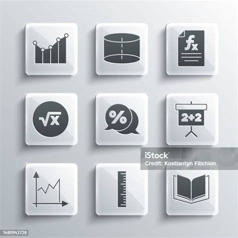 눈금자 열린 책 칠판 할인율 태그 그래프 일정 차트 다이어그램 X 글리프의 제곱근 및 함수 수학 기호 아이콘을 설정합니다 벡터
