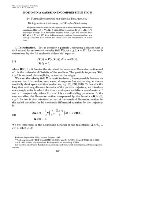 Pdf Motion In A Gaussian Incompressible Flow