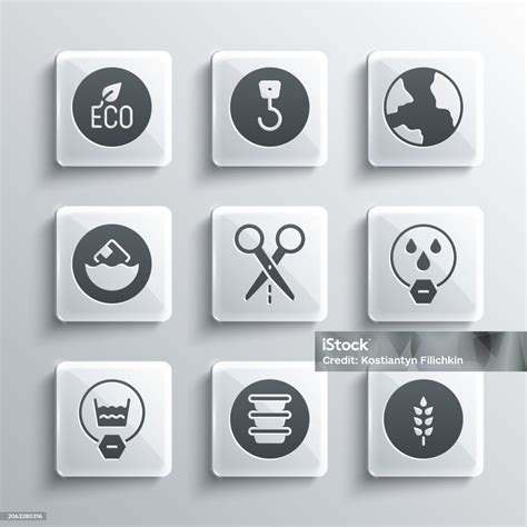 그릇 밀 물방울 금지 절단 선이 있는 가위 섬세한 세척 판지 판지 상자 리프 에코 기호 및 전세계 아이콘을 설정합니다 벡터 가위에 대한 스톡 벡터 아트 및 기타 이미지