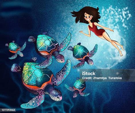 귀엽고 아름다운 거북이와 스쿠버 다이빙으로 수영하는 소녀의 캐릭터가있는 깊은 바다 바닥의 그림 엽서 거북이에 대한 스톡 벡터 아트 및 기타 이미지 Istock